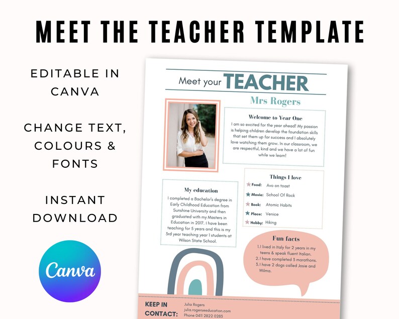 Editable Meet the Teacher Template, Boho Canva Template, School ...