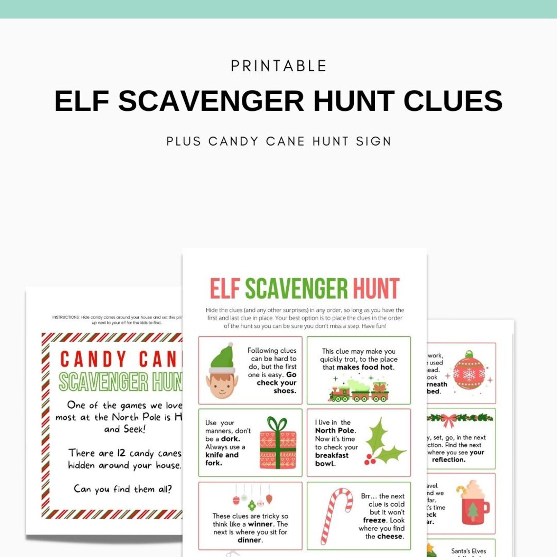 Printable Elf Scavenger Hunt Clues Elf Candy Cane Hunt Sign Christmas ...