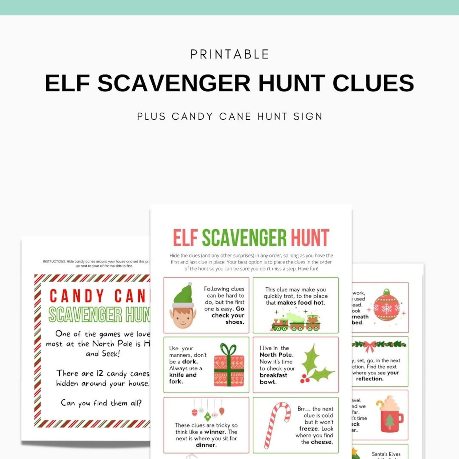 Printable Elf Scavenger Hunt Clues Elf Candy Cane Hunt Sign Christmas ...