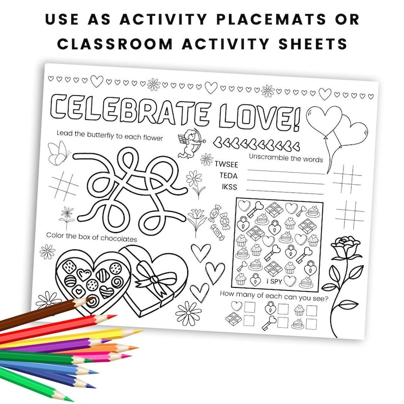 Valentine Activity Placemat Printable Valentine's Day Coloring Placemat ...