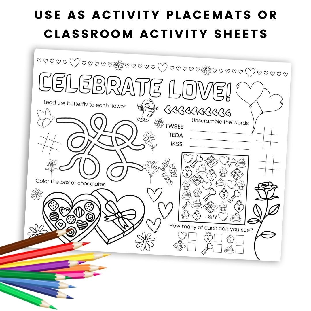 Valentine Activity Placemat Printable Valentine's Day Coloring Placemat ...