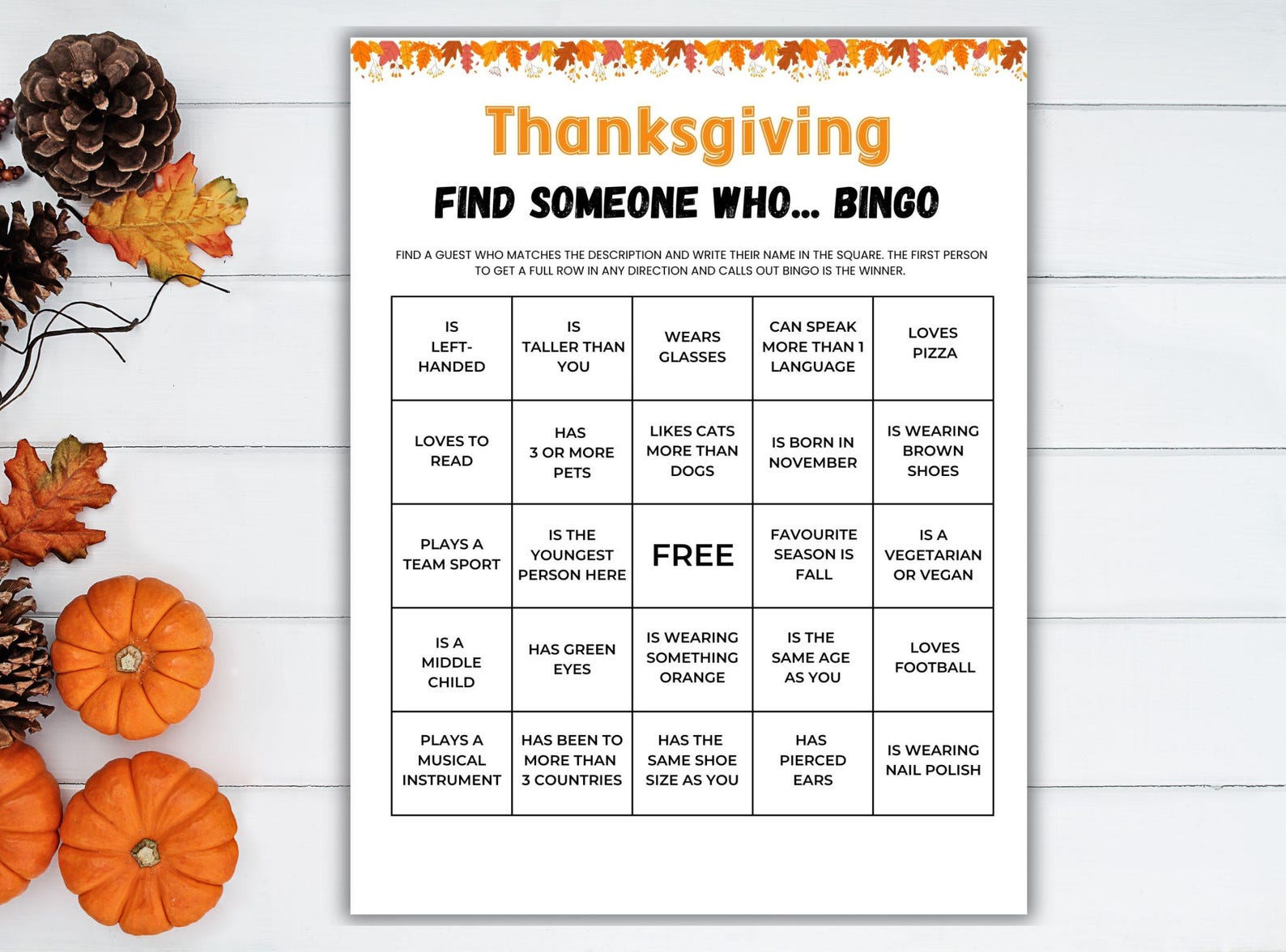 Thanksgiving Find the Guest Bingo Printable Thanksgiving Game ...