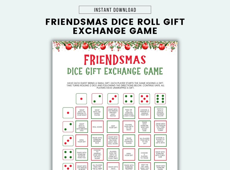 Friendsmas Gift Exchange Game Printable Christmas Game Christmas Dice ...