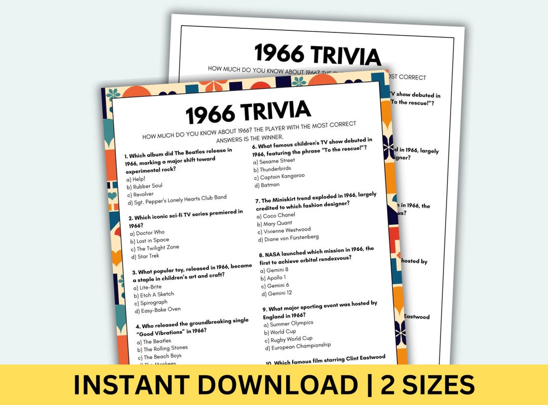 1966 Trivia Game Printable 60th Birthday Games Born in 1966 Game ...