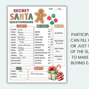 Secret Santa Questionnaire Printable Secret Santa Survey Secret Santa ...