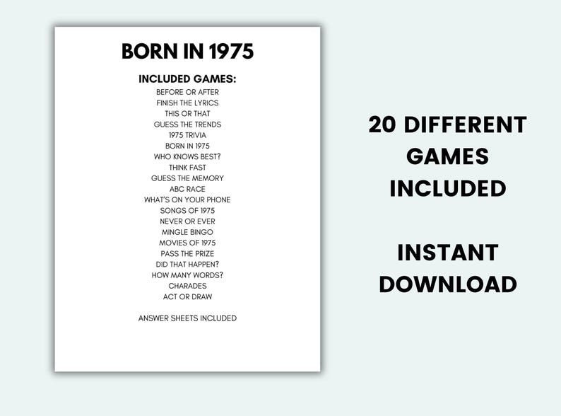 50th Birthday Games Printable Born in 1975 Games Born in 1975 Birthday ...