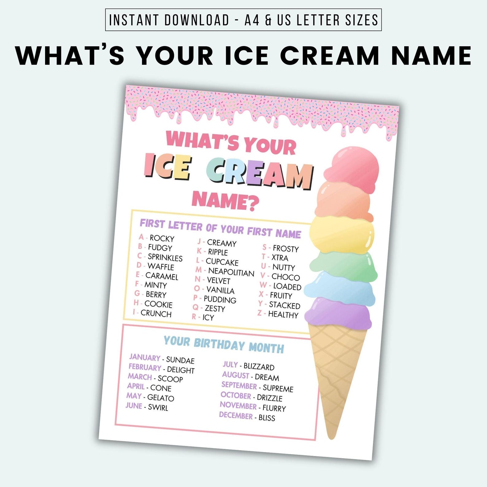 What's Your Ice Cream Name Party Game Printable Ice Cream Party Game ...