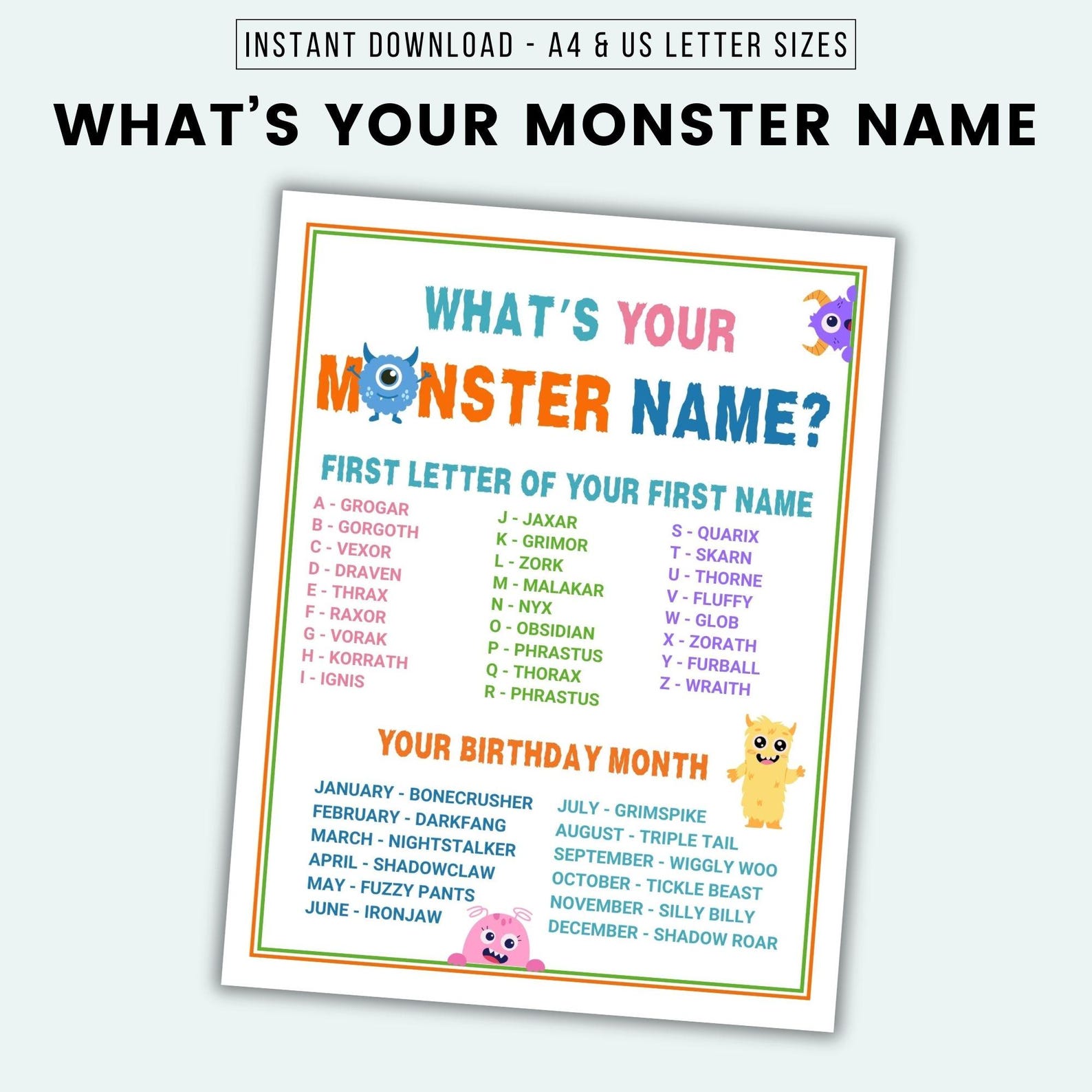 What's Your Monster Name Party Game Printable Monster Game Monster Name ...