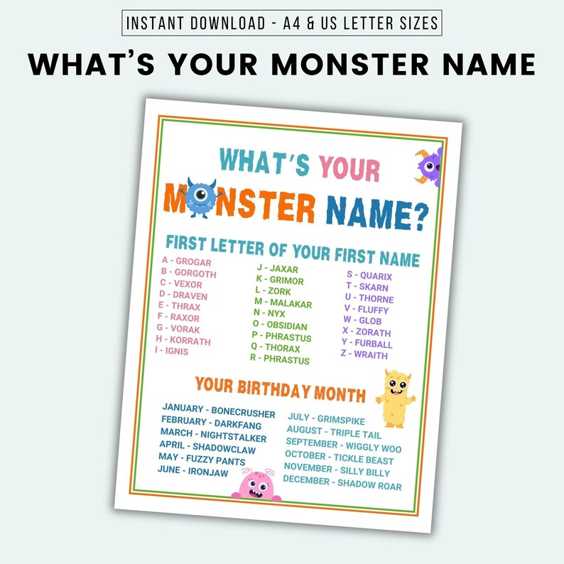 What's Your Monster Name Party Game Printable Monster Game Monster Name ...