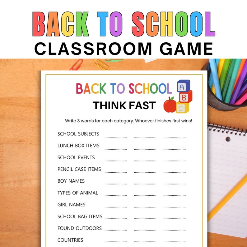 Back to School Think Fast Game First Day of School Activity Printable ...
