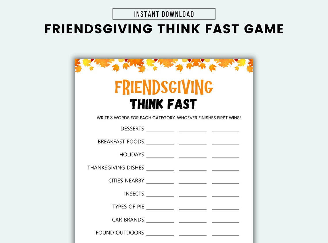 Friendsgiving Think Fast Game Printable Thanksgiving Game Thanksgiving ...