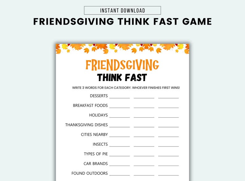 Friendsgiving Think Fast Game Printable Thanksgiving Game Thanksgiving ...