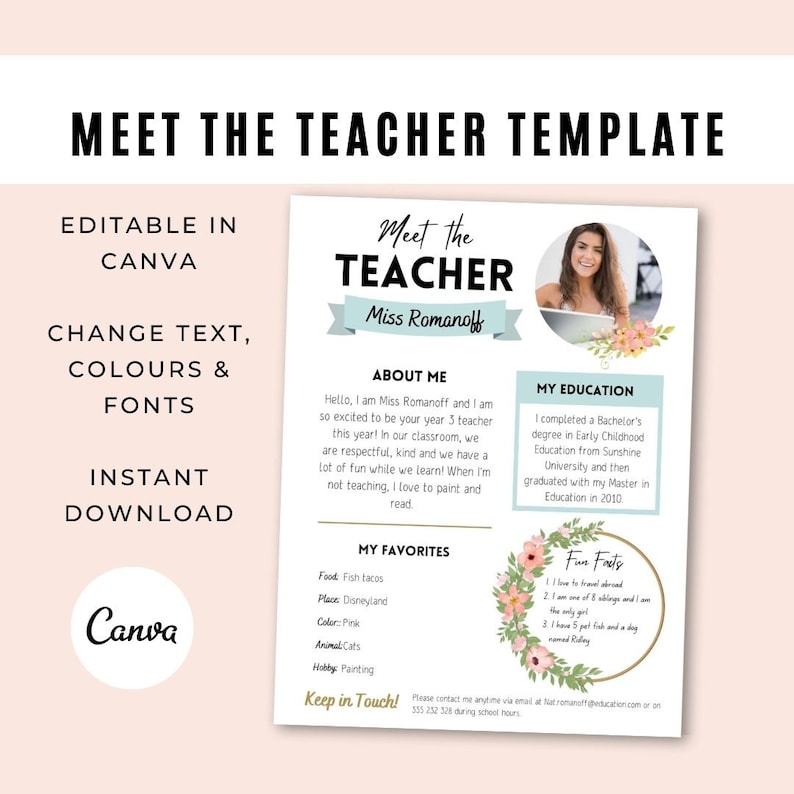 Editable Meet the Teacher Template, Floral Canva Template, School ...