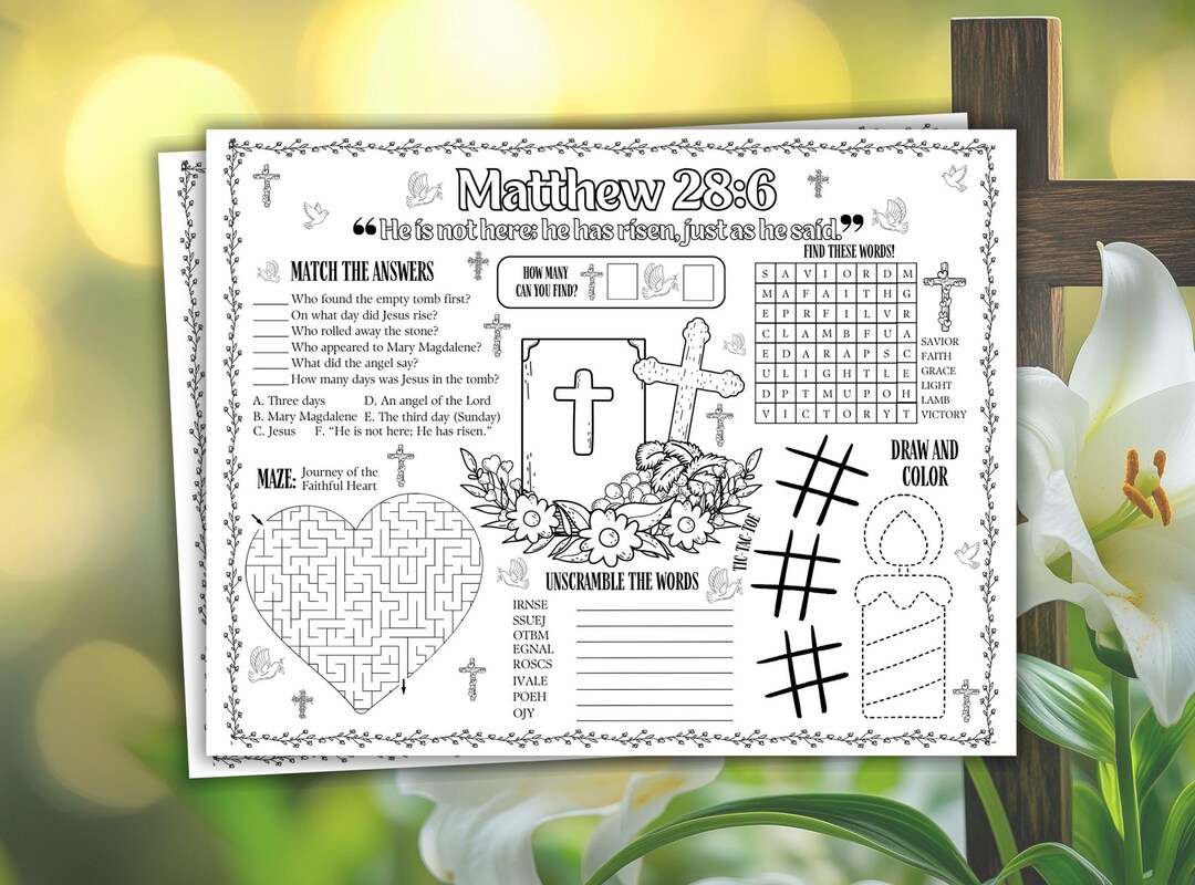 Easter Bible Activity Placemat Printable Bible Coloring Sheet Easter ...