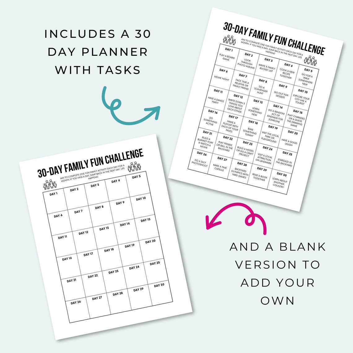 30 Day Family Fun Challenge Printable Family Fun Tracker Family Bucket ...