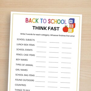 Back to School Think Fast Game First Day of School Activity Printable ...