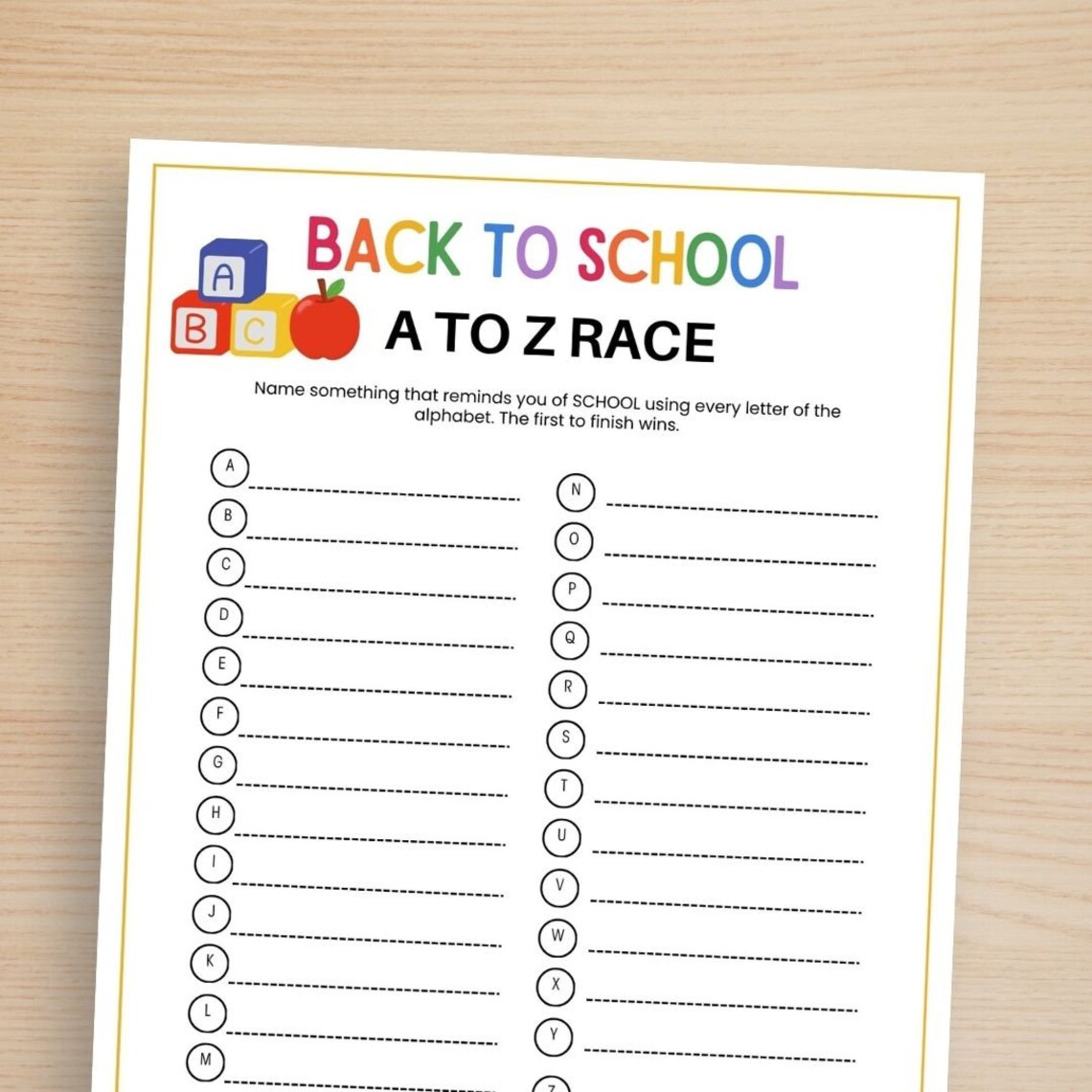 Back to School A to Z Race Game First Day of School Activity Printable ...