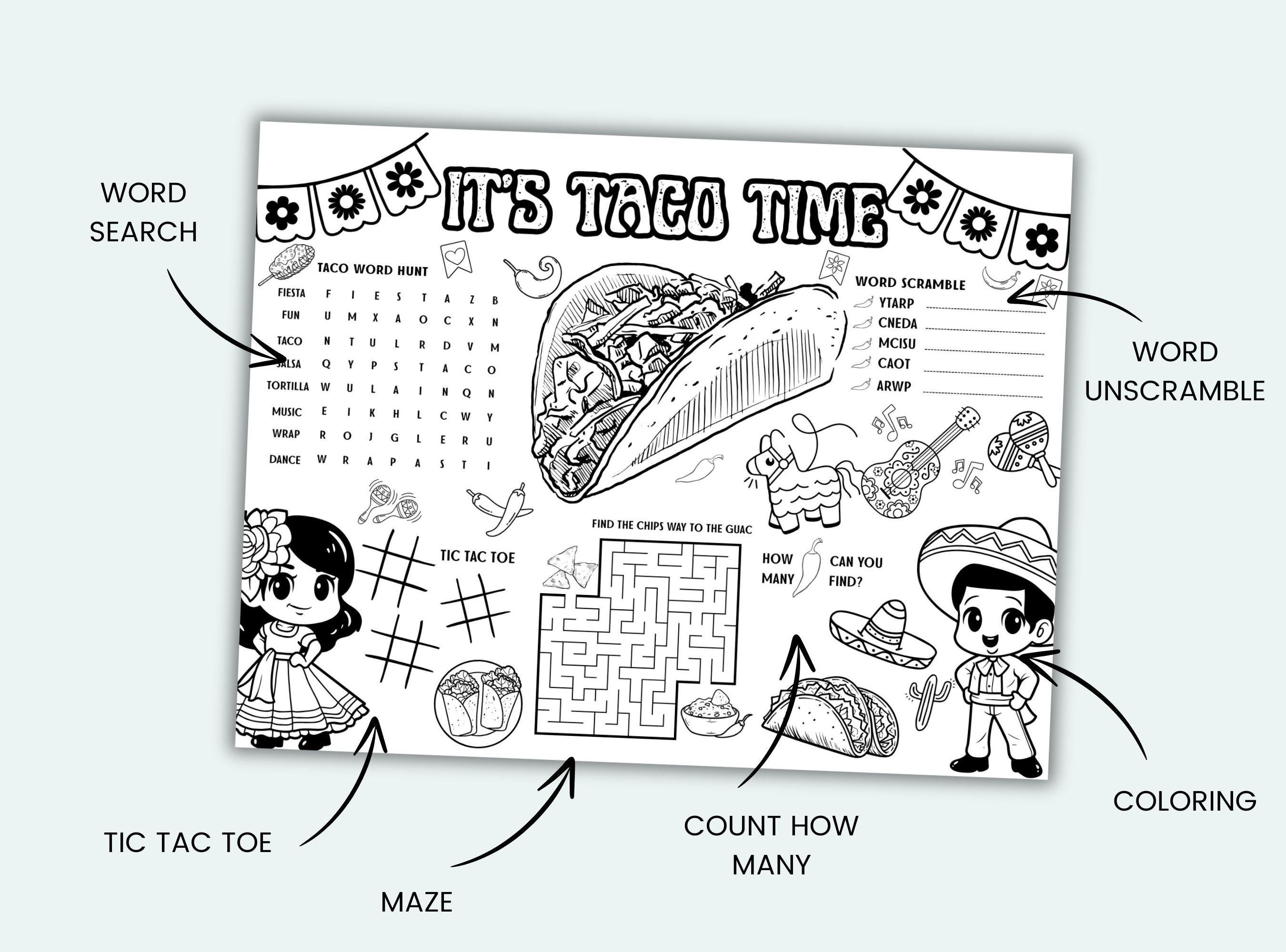 Taco Party Activity Placemat Printable Fiesta Coloring Placemat Fiesta ...