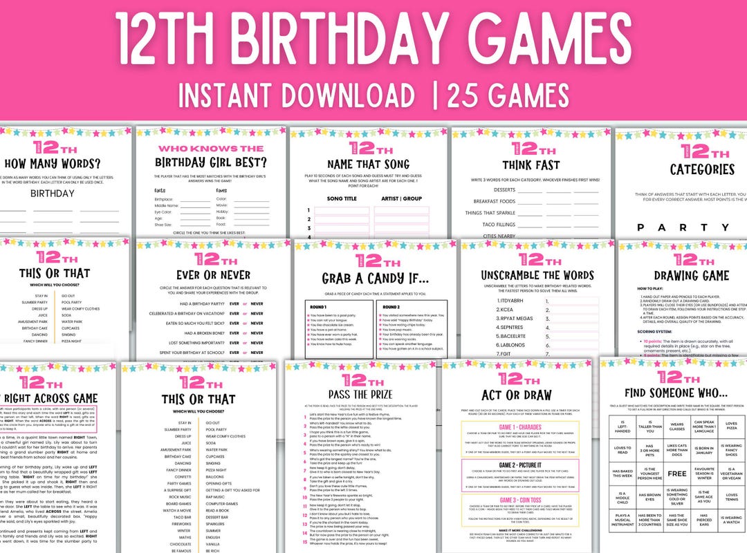 12th Birthday Party Games Bundle Sleepover Party Activities Tween Party ...