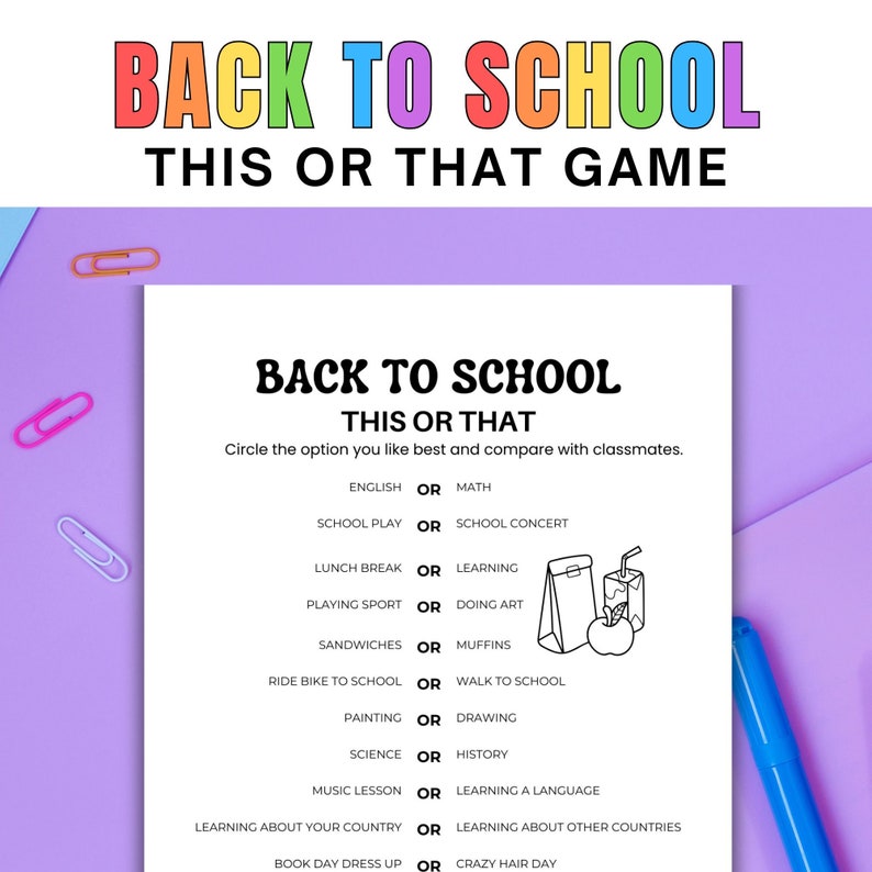 Back to School This or That Game First Day of School Activity Printable ...