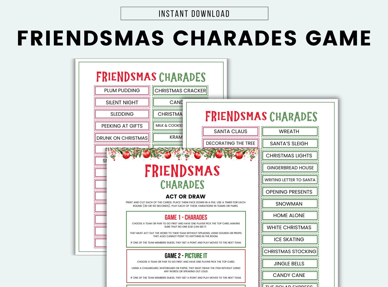 Friendsmas Charades Game Printable Christmas Charades Cards Christmas ...