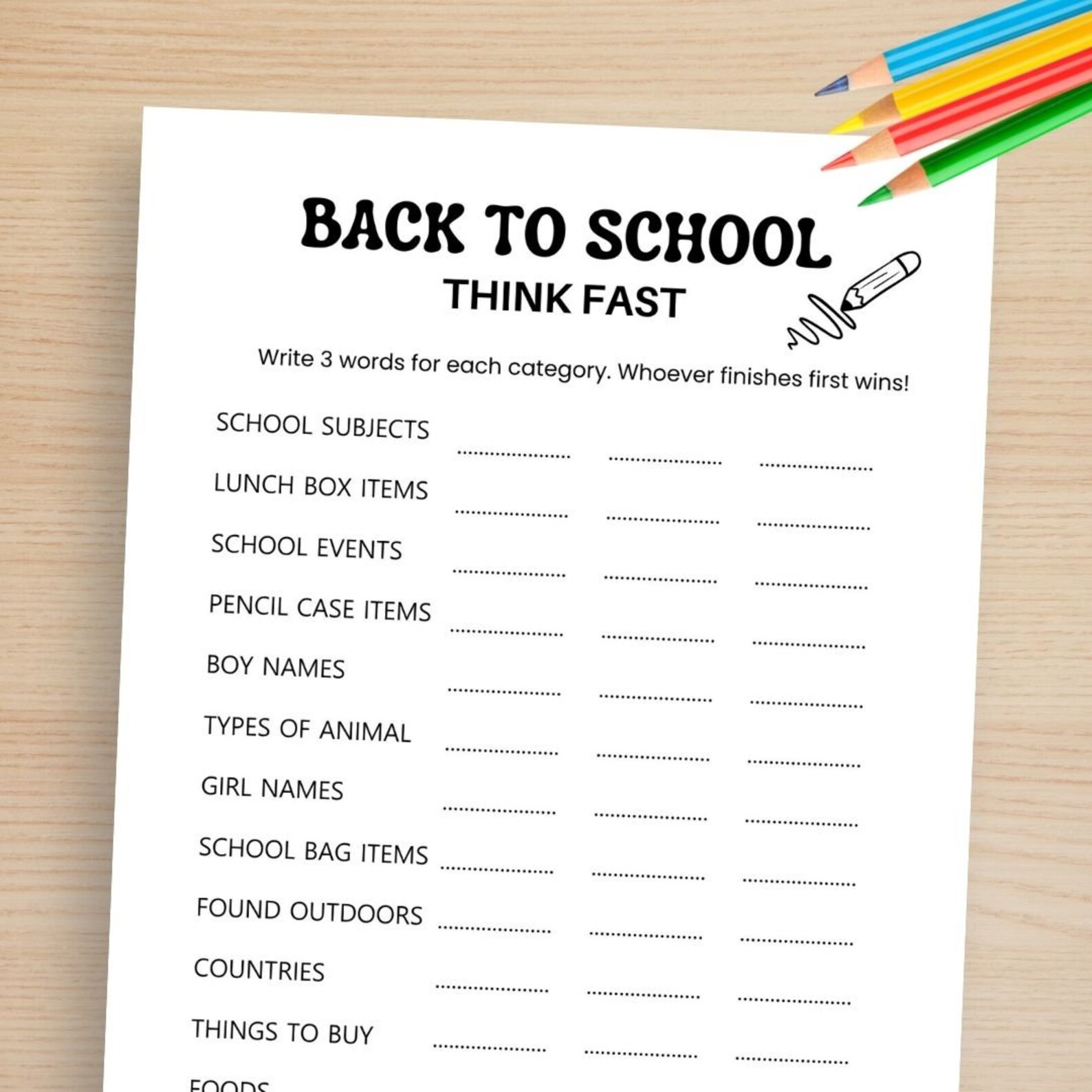 Back to School Think Fast Game First Day of School Activity Printable ...