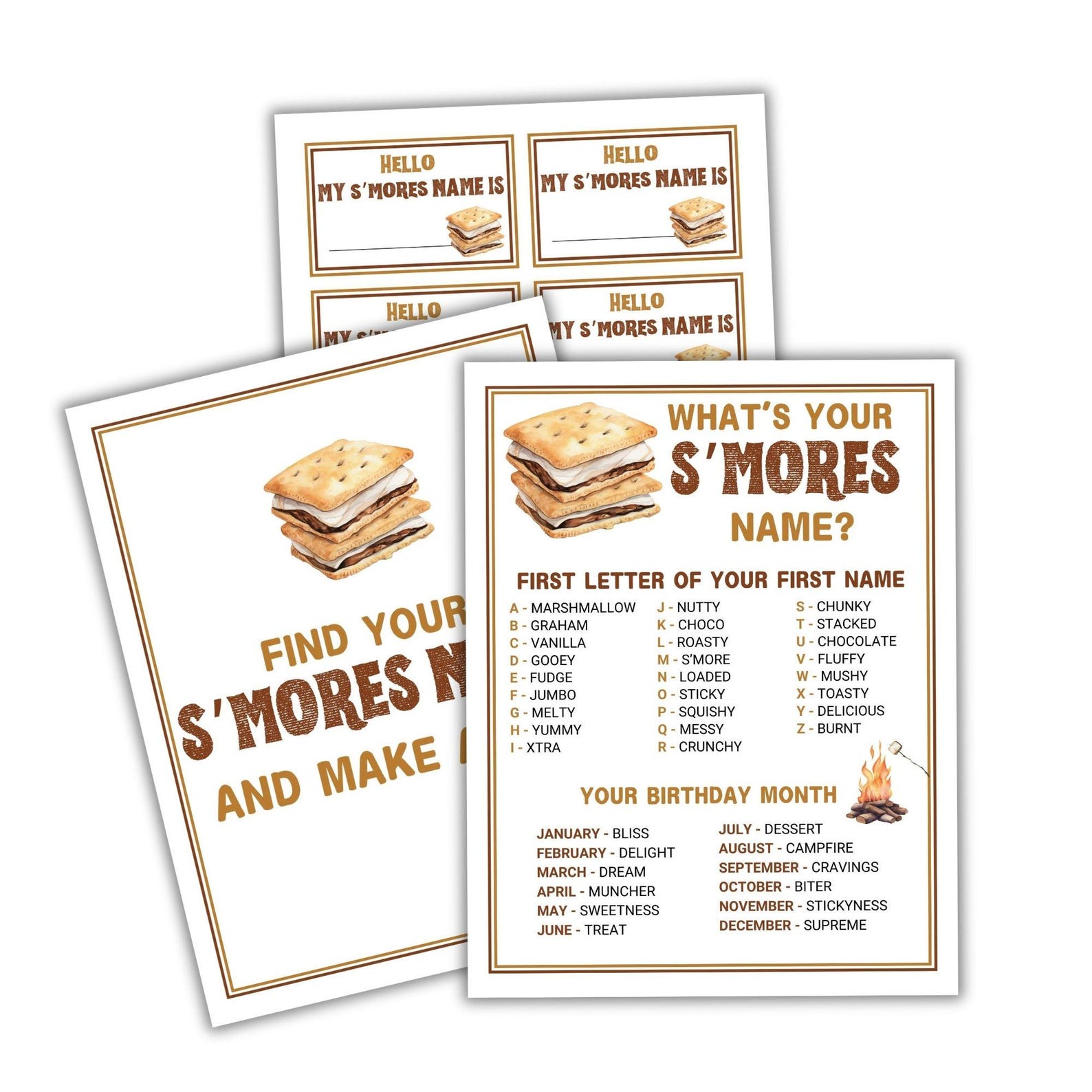 What's Your Smores Name Party Game Printable S'mores Game Dragon Name ...