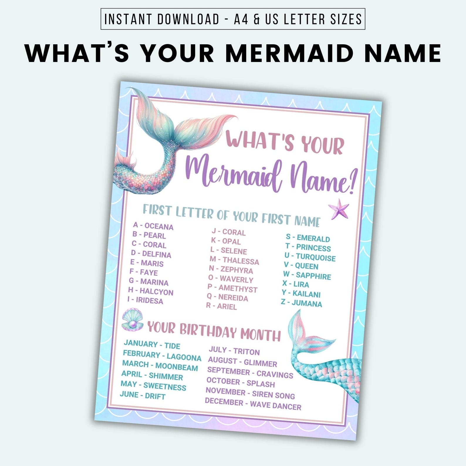 What's Your Mermaid Name Party Game Printable Mermaid Game Mermaid Name ...