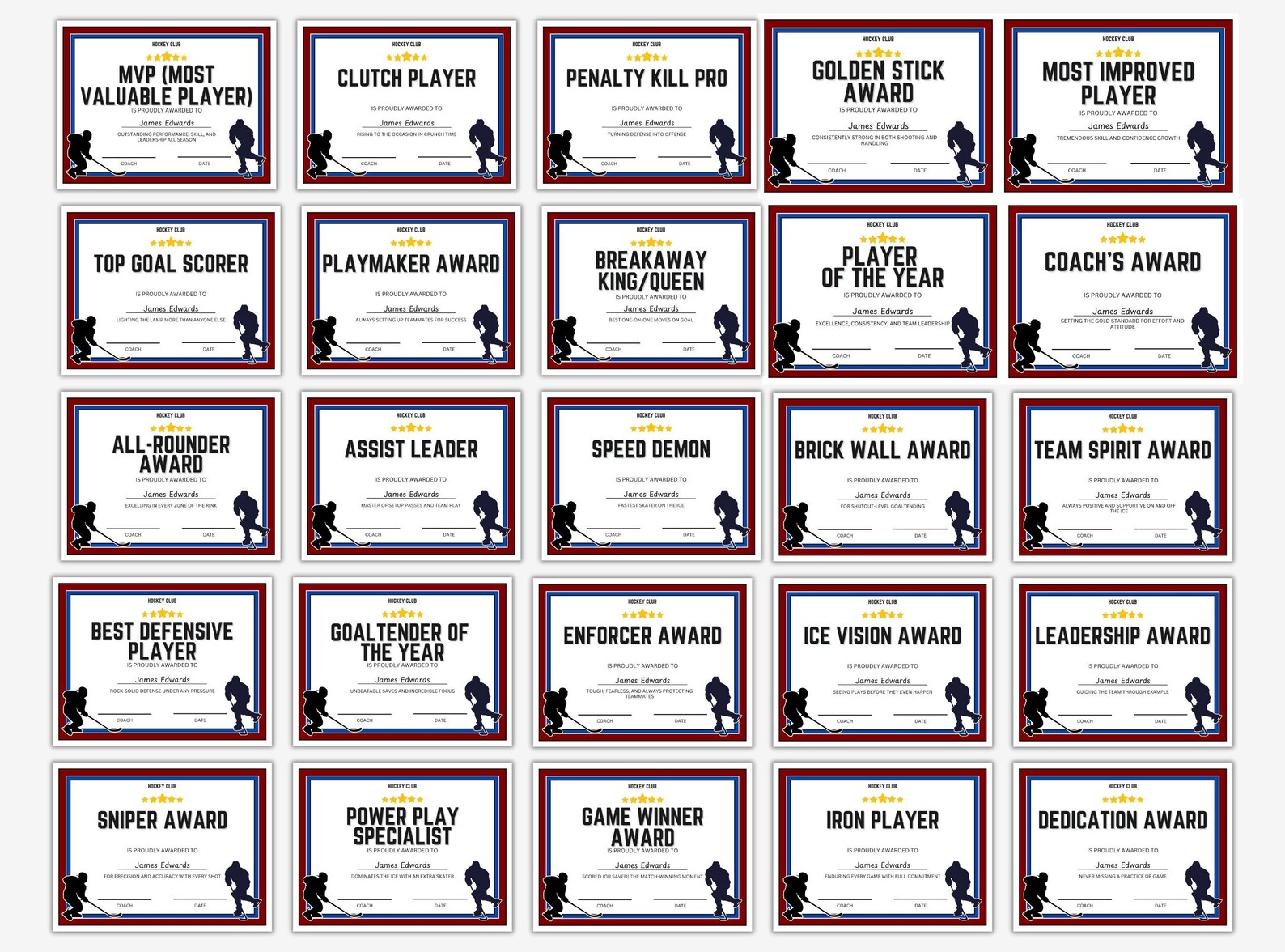 Editable Hockey Award Certificates Printable Hockey Team Awards End of ...