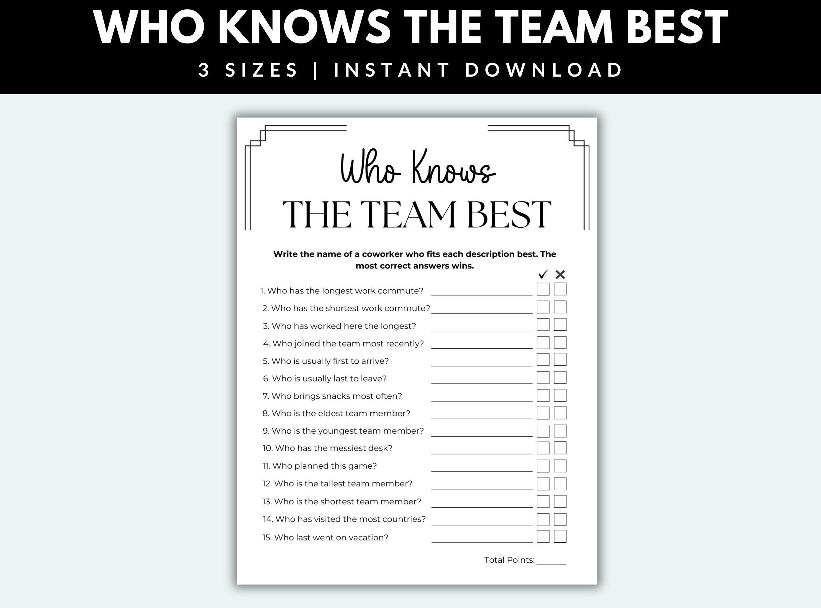 Who Knows the Team Best Office Party Game Printable Team Building Games ...