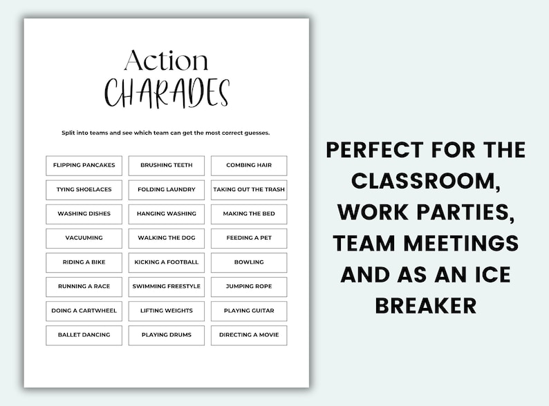Action Charades Game Printable Charades for Kids Charades Cards ...