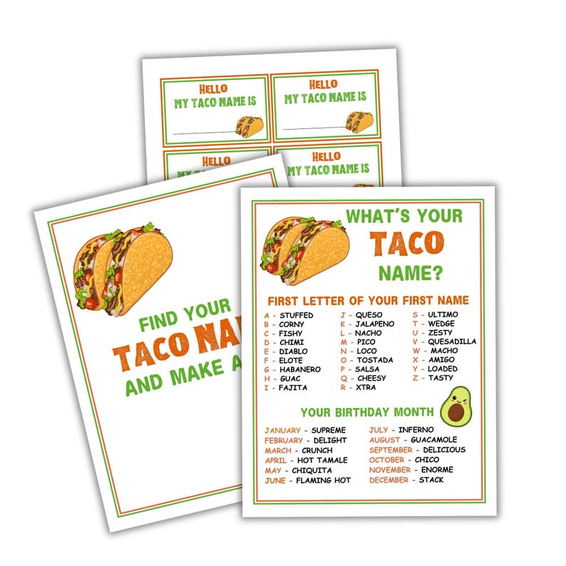 What's Your Taco Name Party Game Printable Taco Party Game Taco Name ...