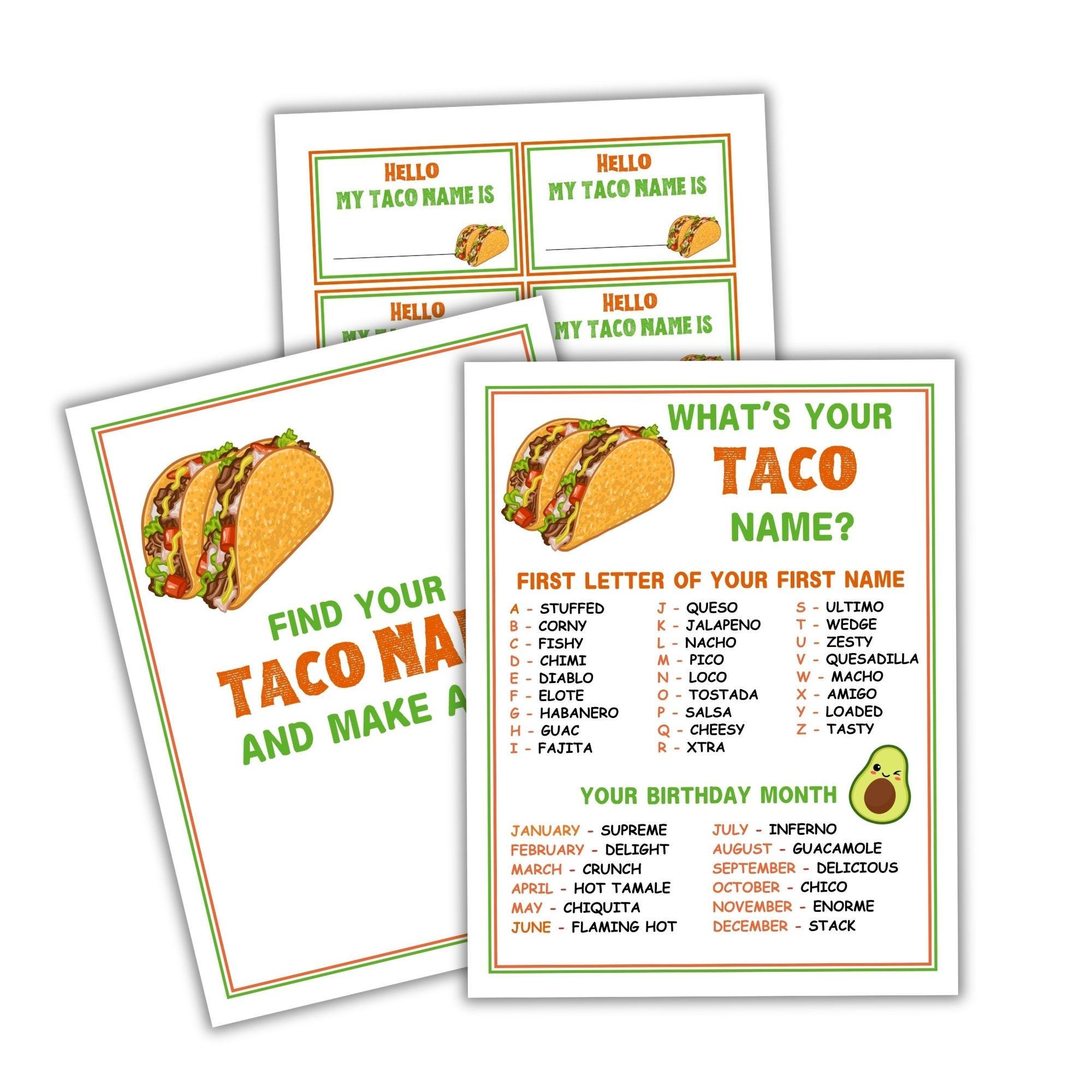 What's Your Taco Name Party Game Printable Taco Party Game Taco Name ...