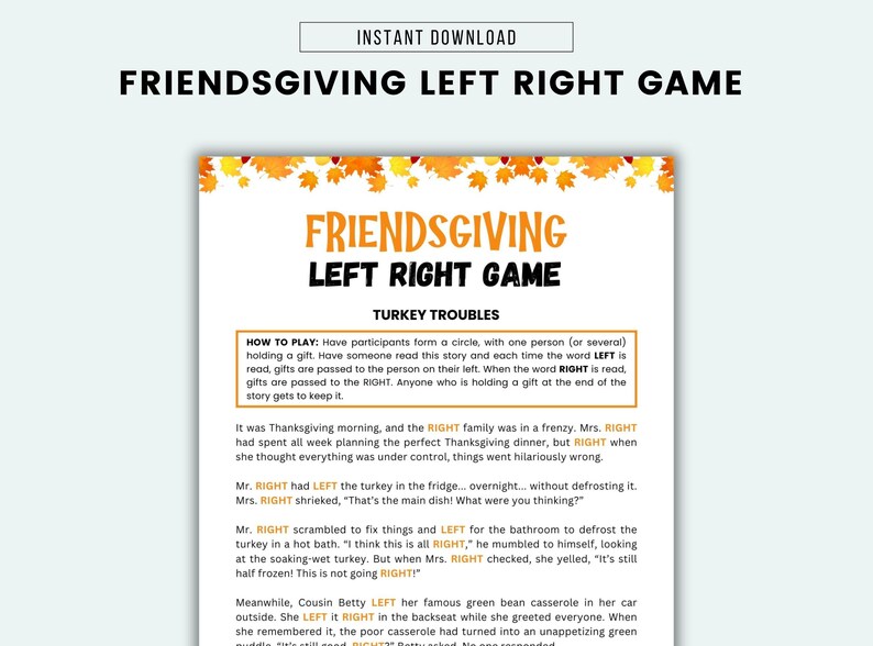 Friendsgiving Left Right Game Printable Friendsgiving Game Thanksgiving ...