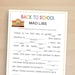 Back to School Mad Libs Game Fill the Gaps First Day of School Activity ...