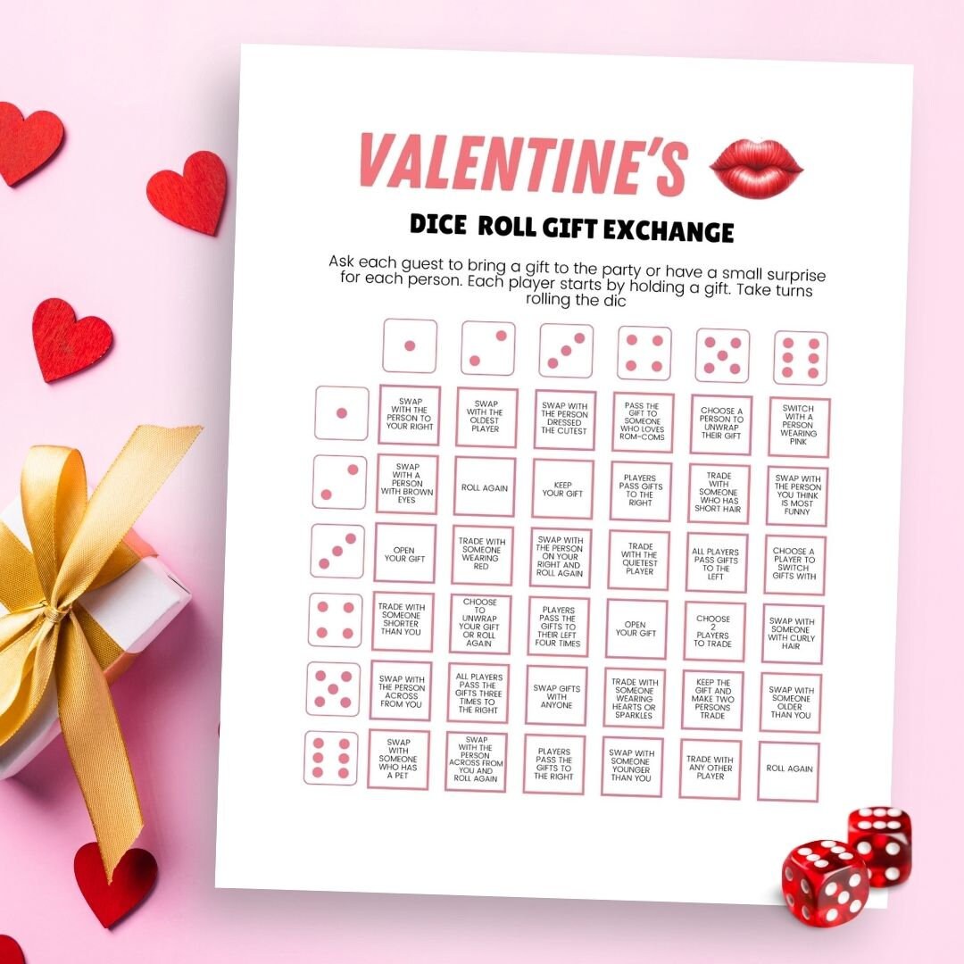 Valentine's Day Dice Roll Gift Exchange Game Printable Valentine's Day ...