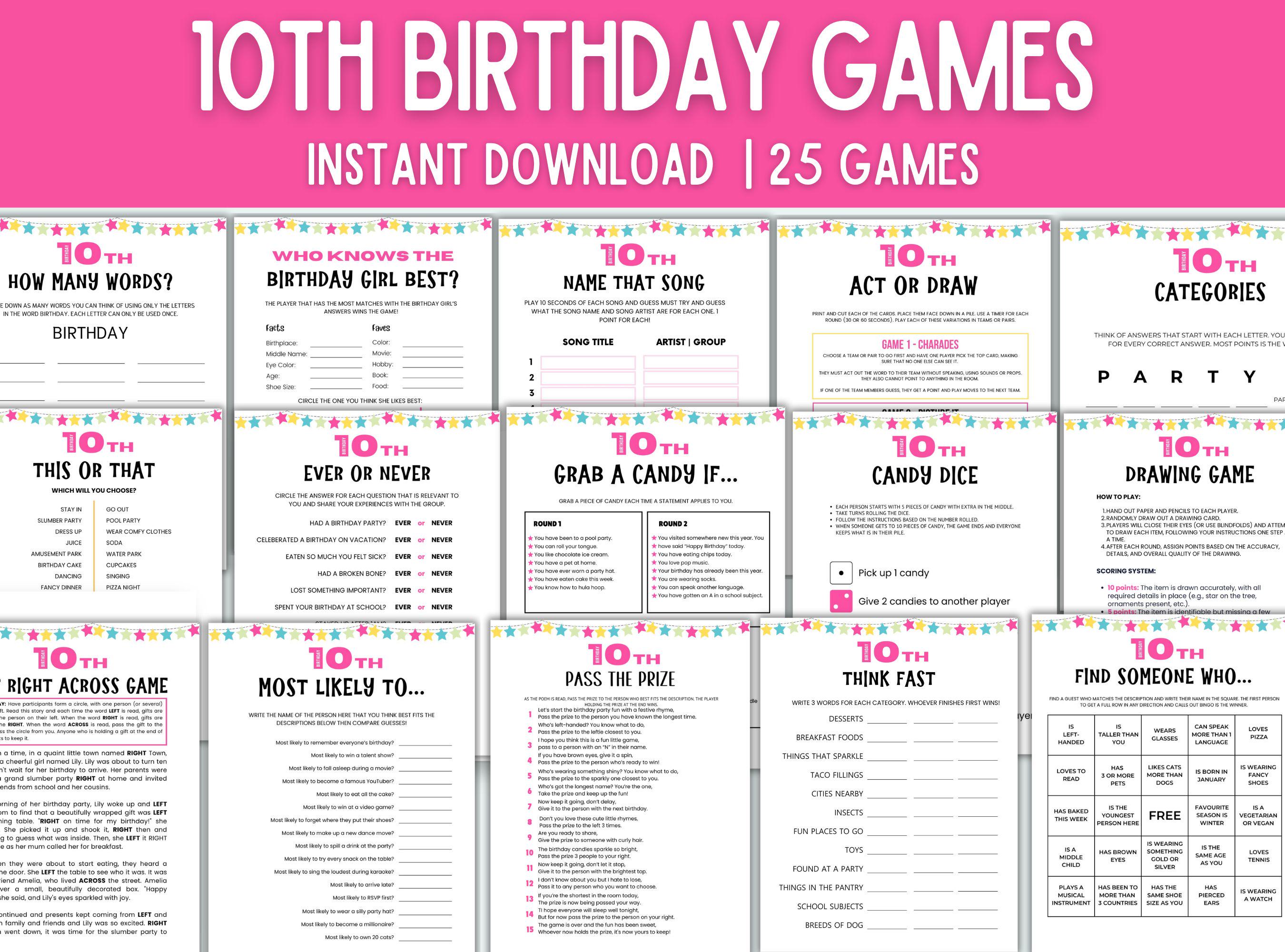 10th Birthday Party Games Bundle Sleepover Party Activities Tween Party ...