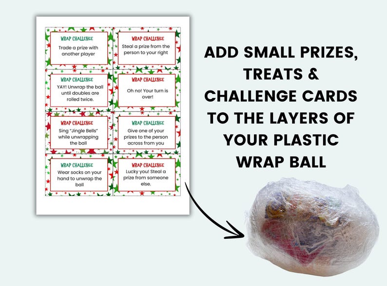 Christmas Saran Wrap Game Printable Plastic Wrap Ball Cards Christmas ...