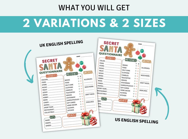 Secret Santa Questionnaire Printable Secret Santa Survey Secret Santa ...