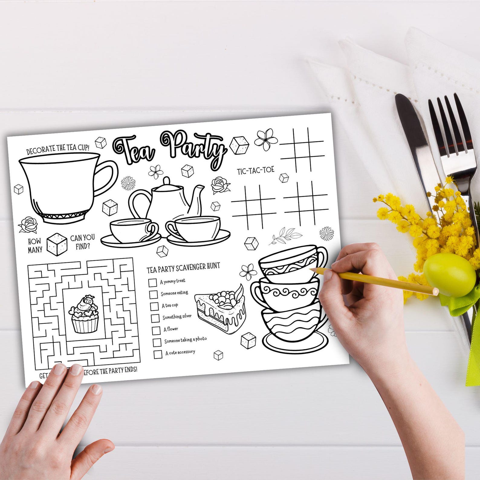 Tea Party Activity Placemat Printable Tea Party Coloring Placemat High ...
