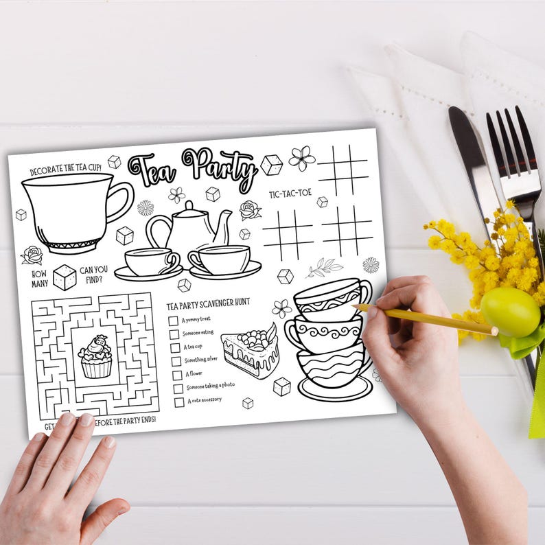 Tea Party Activity Placemat Printable Tea Party Coloring Placemat High ...