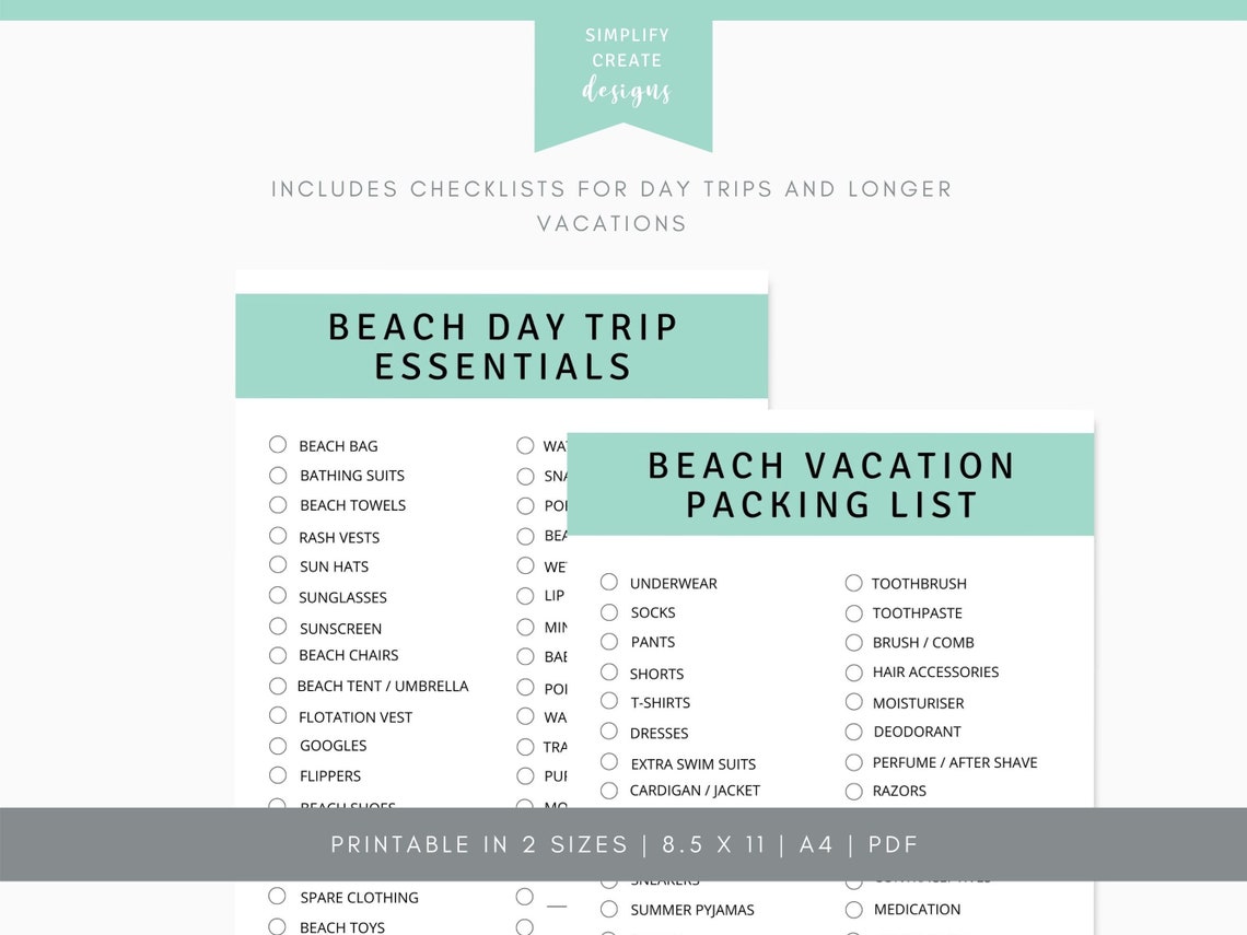Beach Packing List Printable Beach Vacation Packing List Instant ...