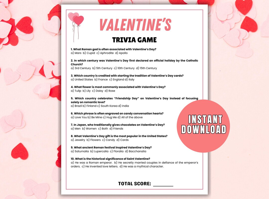 Valentines Trivia Game Valentines Day Party Game Printable Valentine's ...