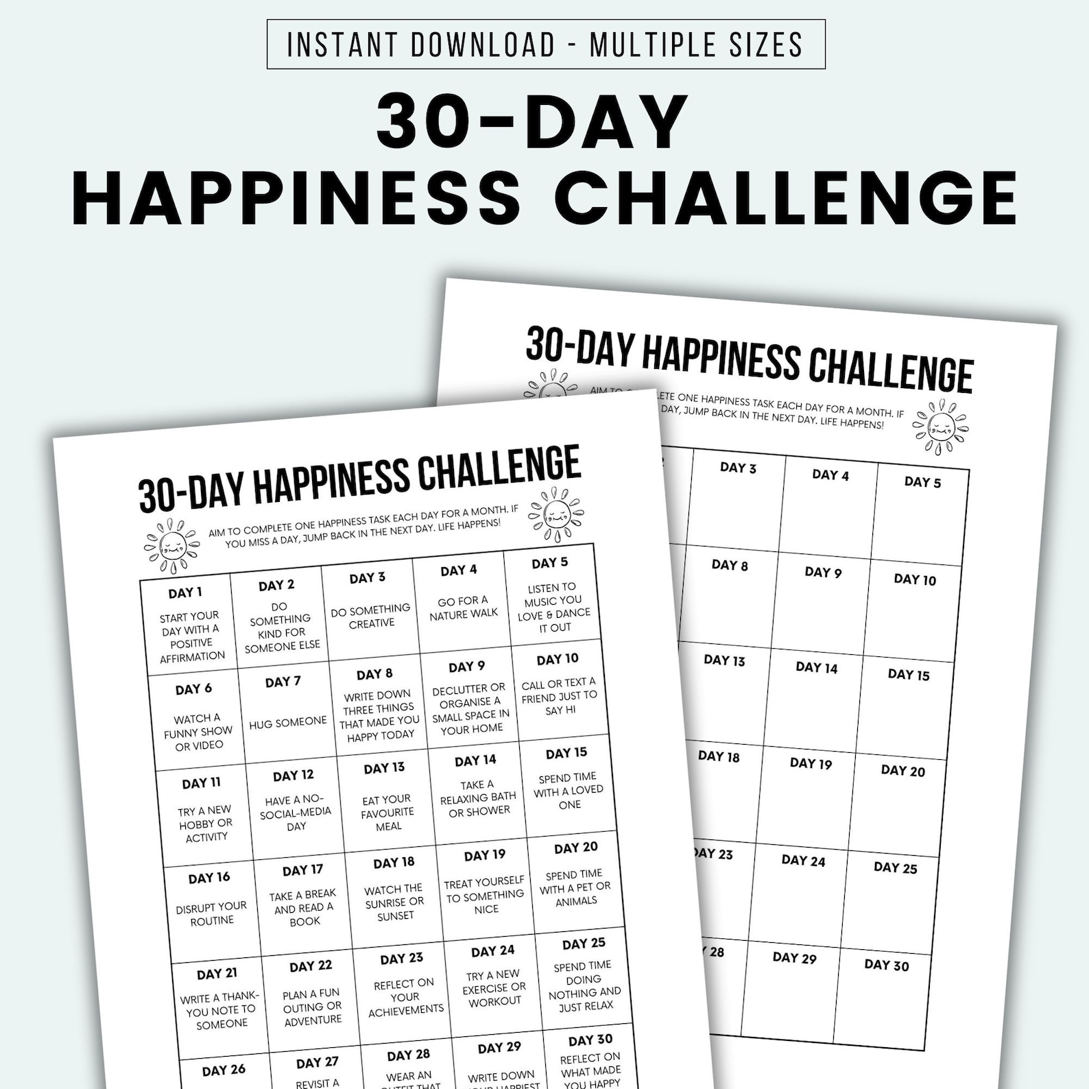 30 Day Happiness Challenge Printable Happiness Challenge Tracker Self ...
