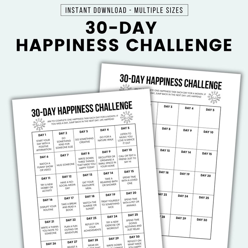 30 Day Happiness Challenge Printable Happiness Challenge Tracker Self ...