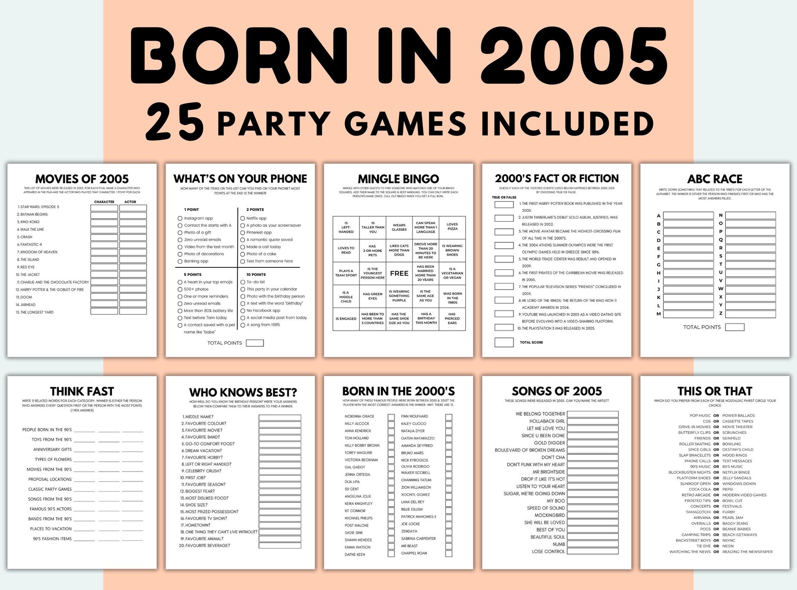 20th Birthday Games Printable Born in 2005 Games Born in 2005 Birthday ...