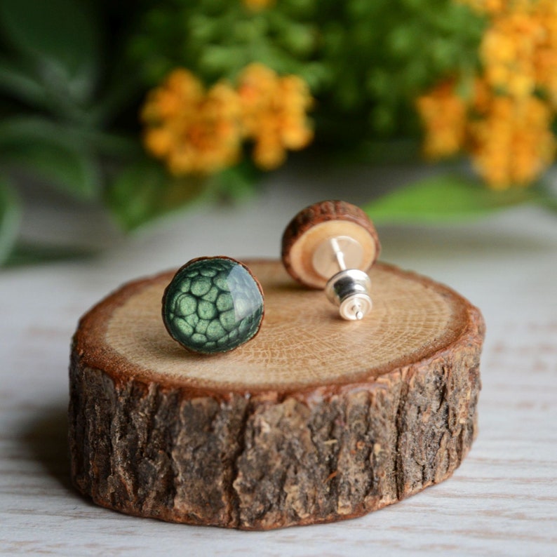 Green Stud Earrings Wooden Studs Posts Hand Painted Leafy | Etsy