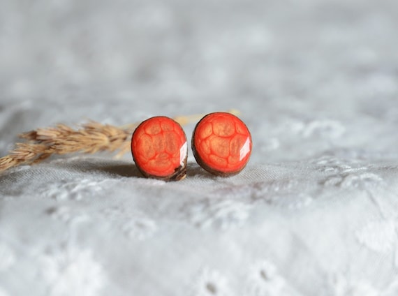 Small red ear studs with sterling silver post hand painted | Etsy