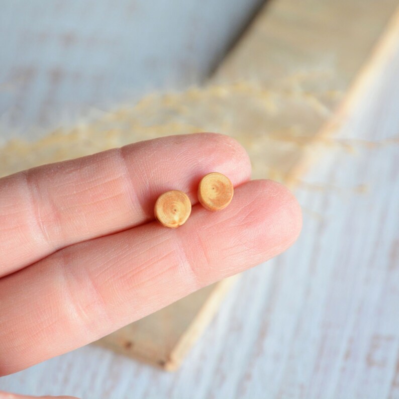 Raw wood ear studs minimalist wooden earrings 7 mm sterling | Etsy