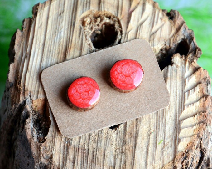 Small Red Ear Studs With Sterling Silver Post, Hand Painted Wood ...